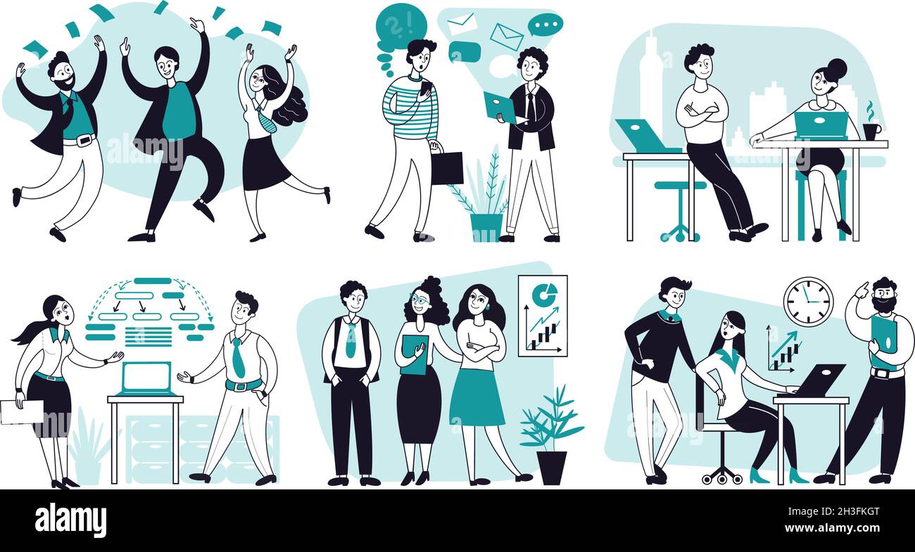 Office scenes. Business people characters, outline woman presenting ...