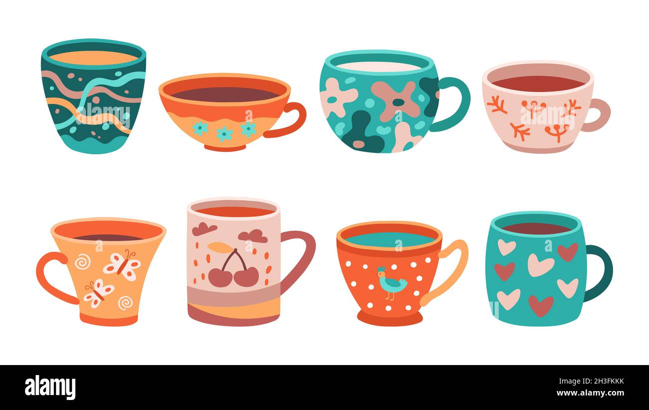 Different cups. Tea cup, scandinavian kitchen coffee mug. Morning ...