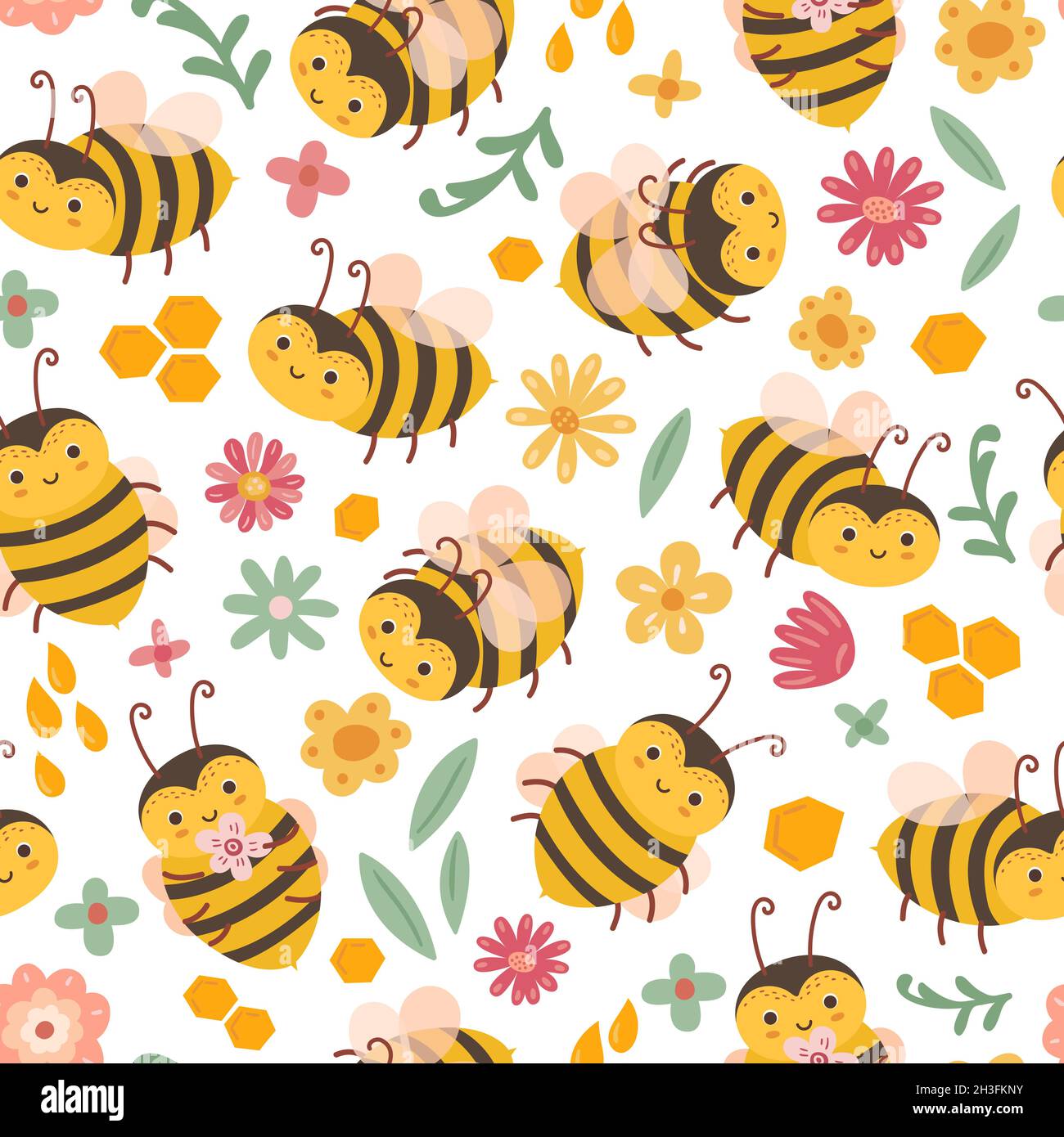 Cute bee pattern. Bees and flowers, cartoon flying insects. Art textile ...
