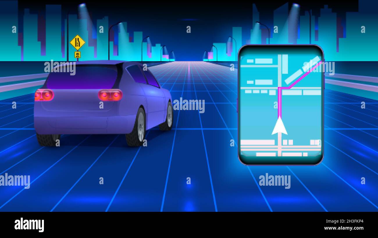 Car on night road. GPS navigation, futuristic auto in city. Midnight ...