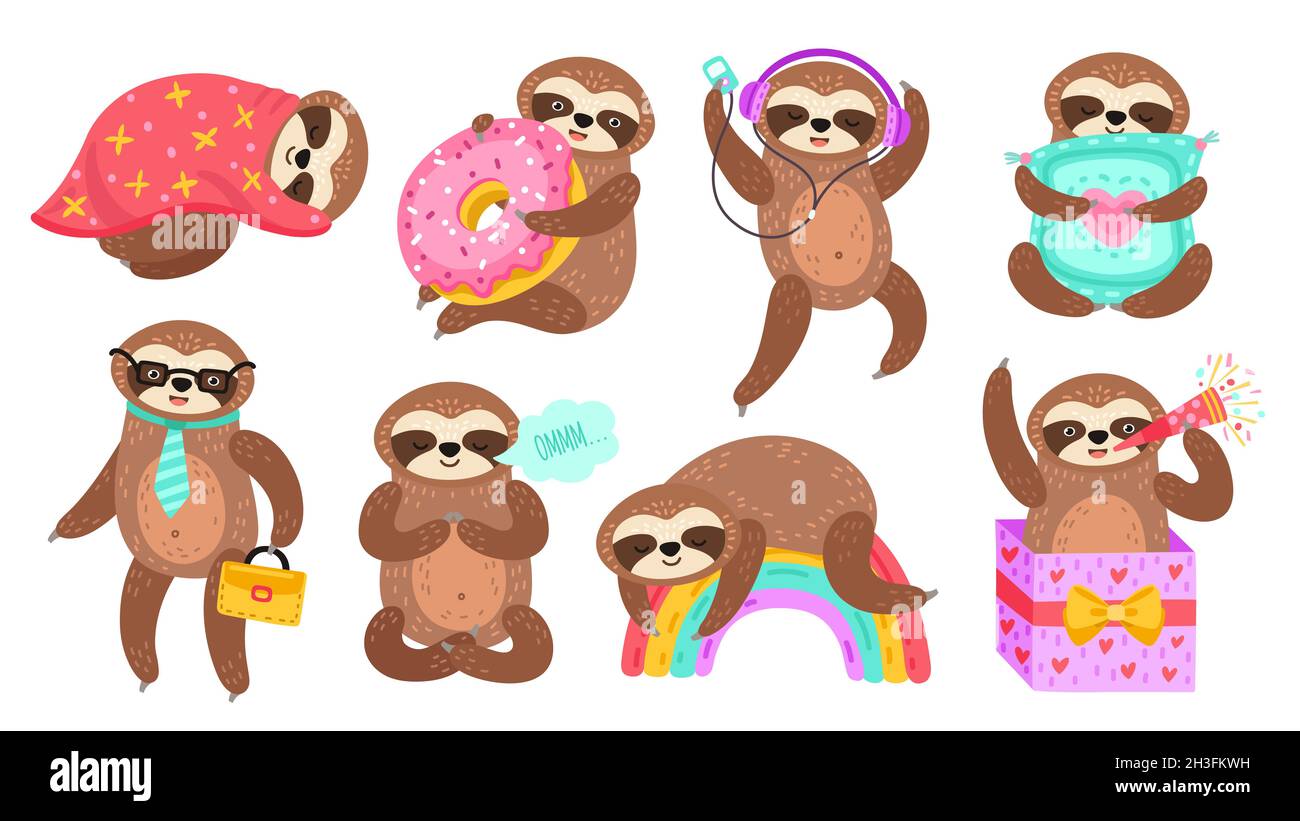 Sloth characters. Isolated sloths, lazy funny cartoon animal reading. Sleep on colorful rainbow ...