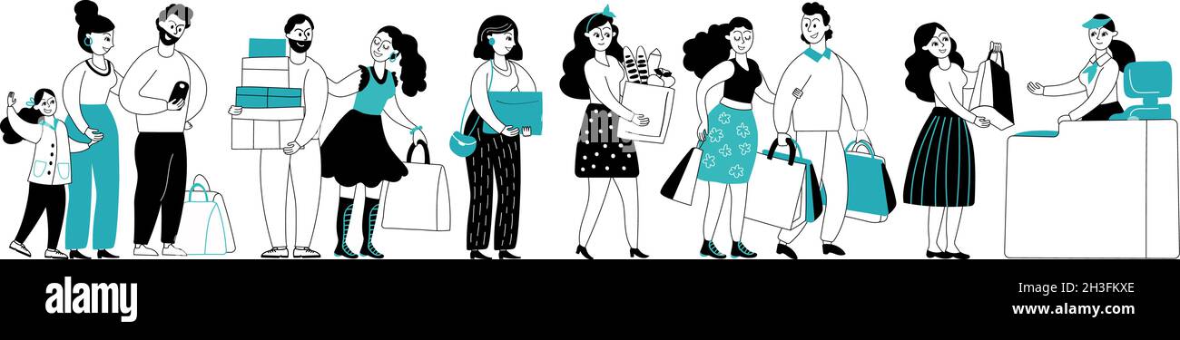 People store queue. Customer shopping, market grocery cashier. Man ...