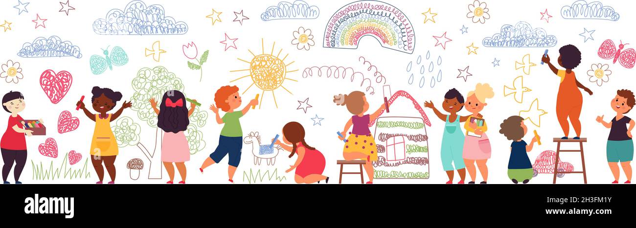 Kids painting on wall. Cute preschool girl, children with crayons draw ...