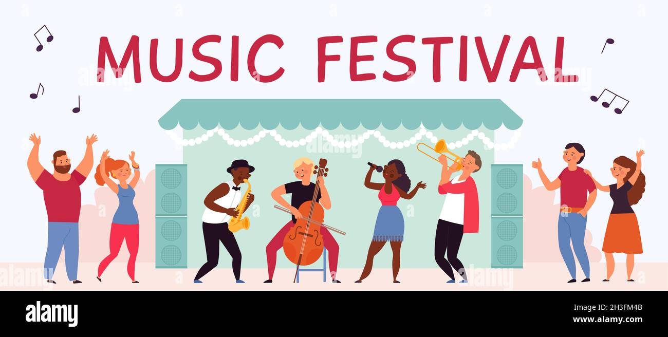 Music festival banner. Summer young people, vocal outdoor party. Modern ...