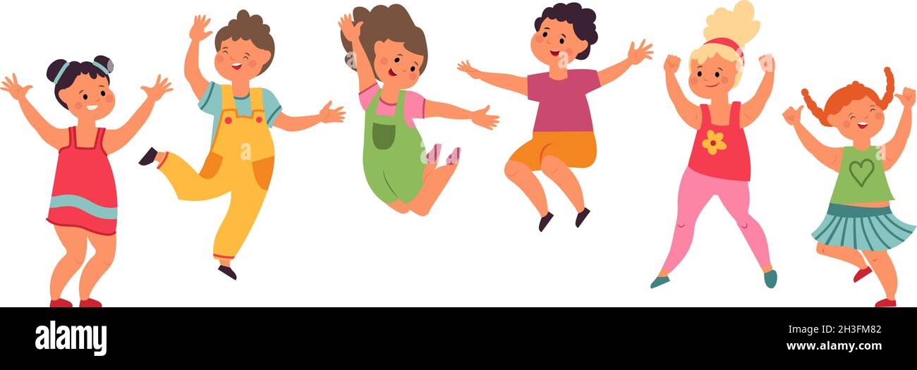 Kids jumping. Happy cartoon child, excited children jump together. Fun ...