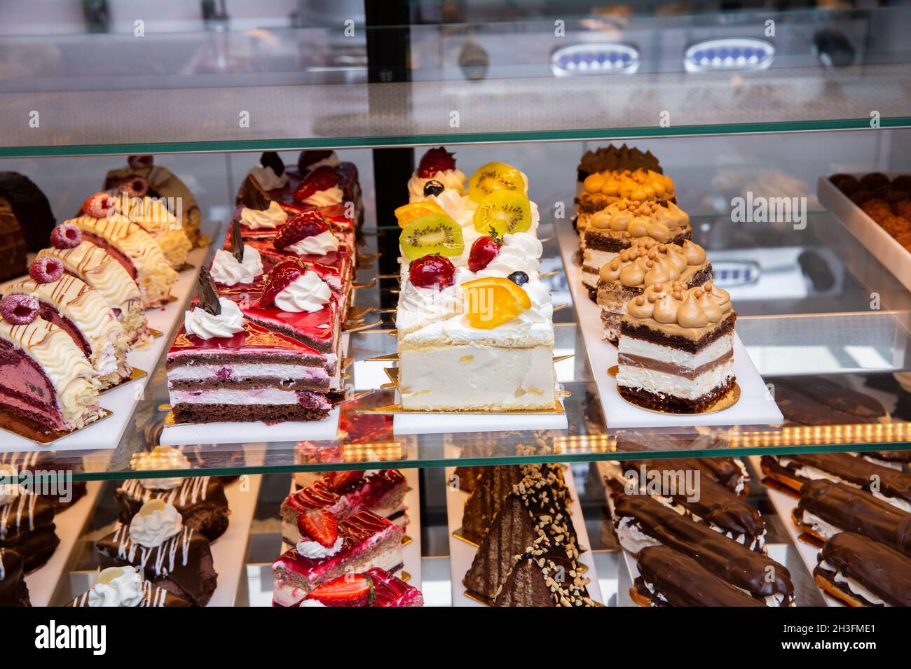 View of various assortment of cakes on the stand in the bakery Stock ...