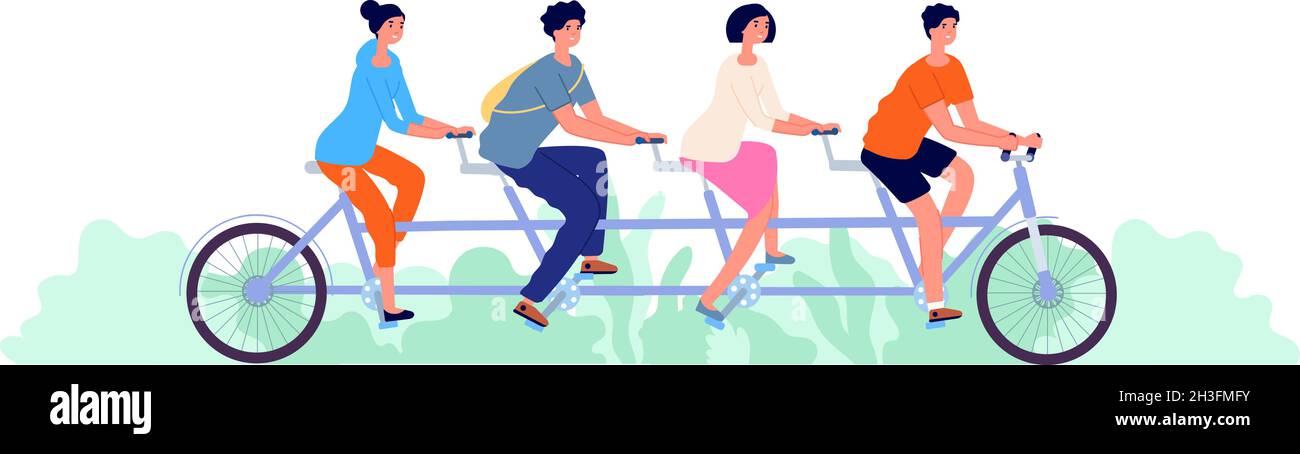 Tandem bicycle. Cartoon team on bike, teamwork or collective relaxing ...