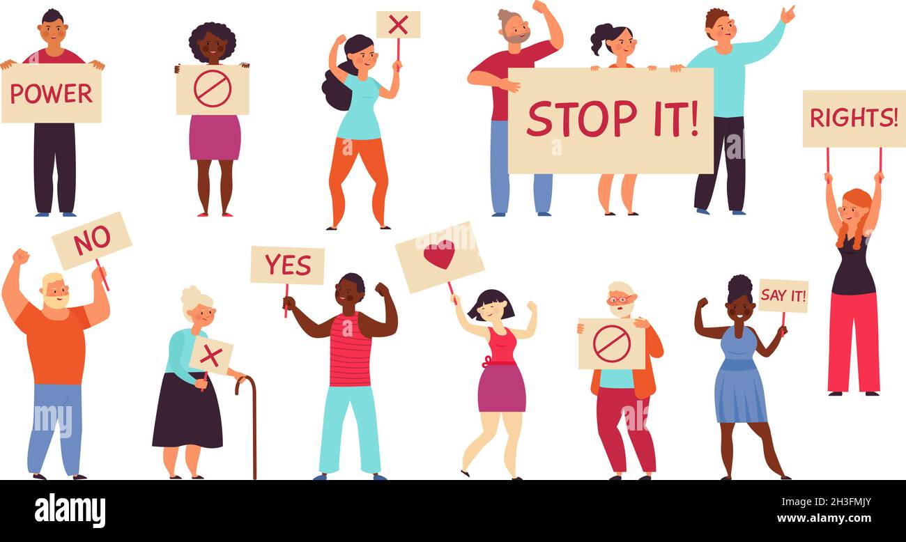 Protest persons. Revolution people, girl with placard or banner ...