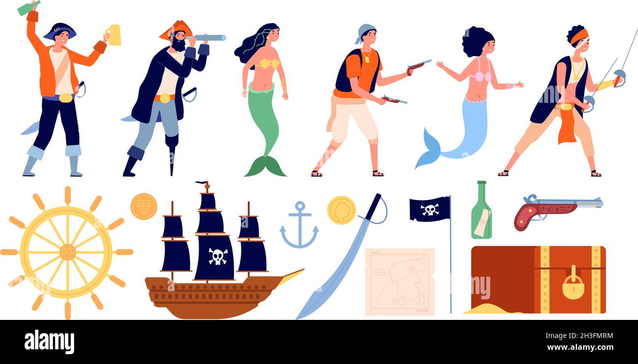Pirates and mermaids. Cute mermaid, pirate cartoon ship crew. Treasure ...