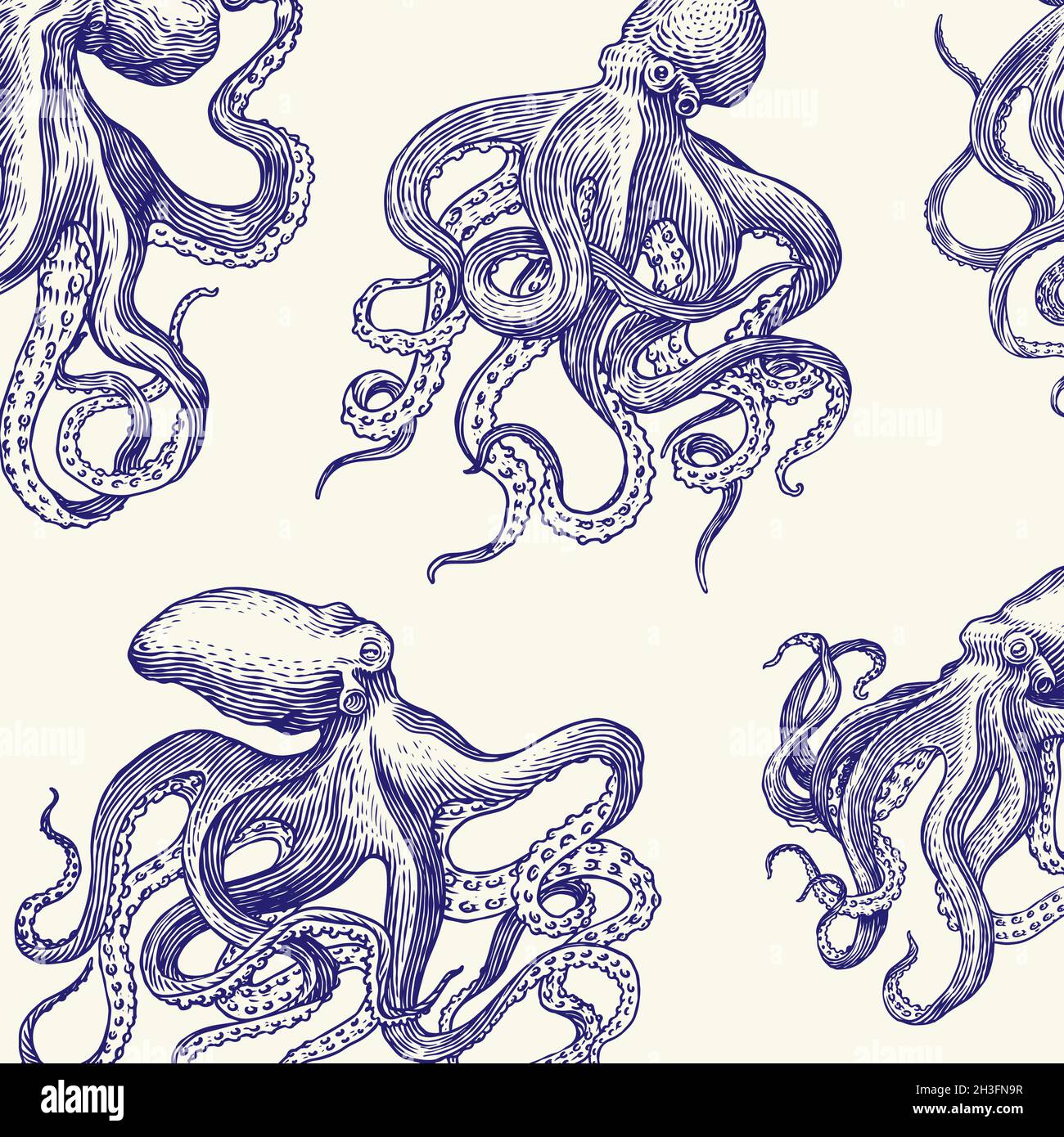 Sea octopus Seamless pattern. Engraved hand drawn in old sketch ...
