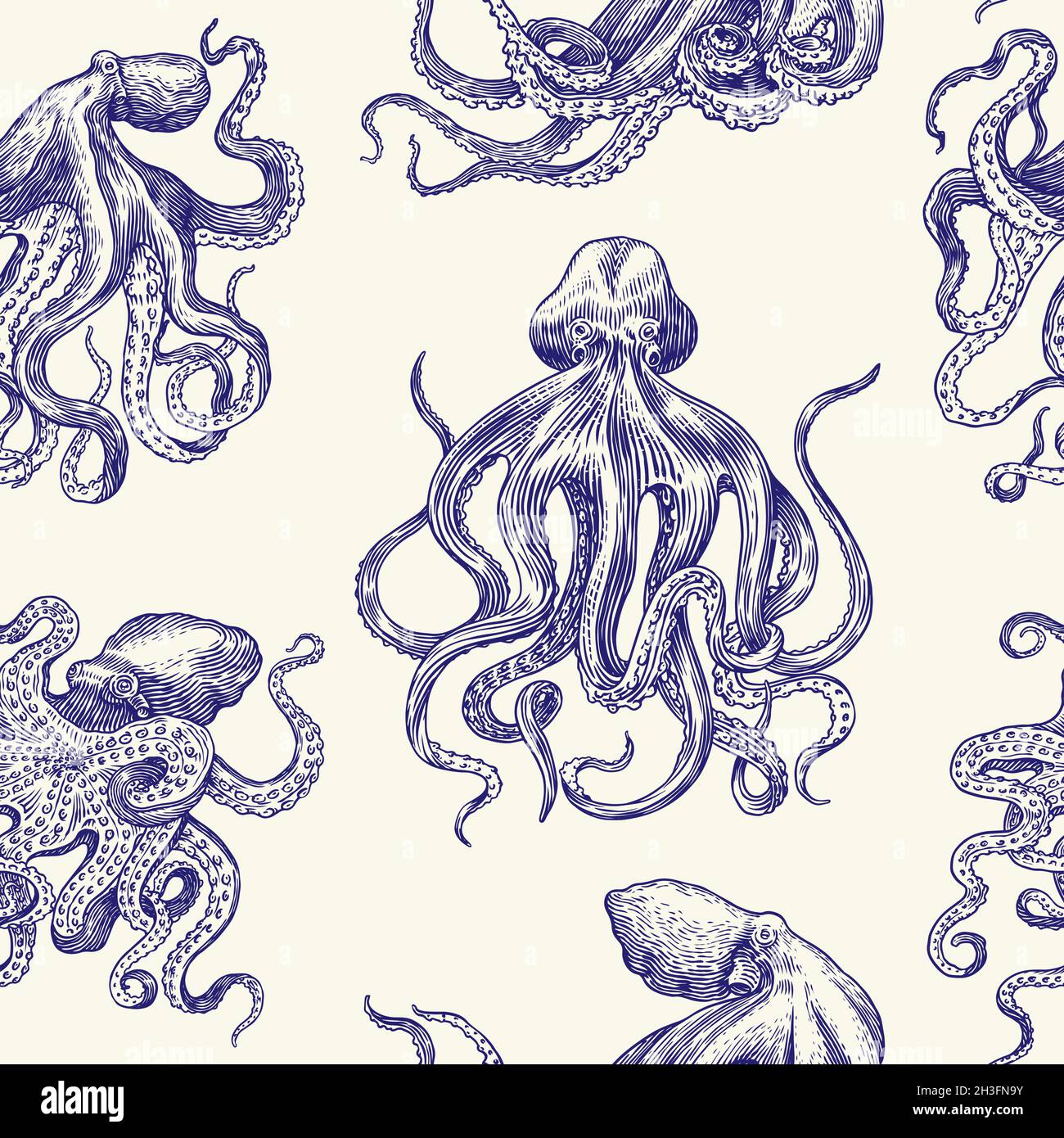 Sea octopus Seamless pattern. Engraved hand drawn in old sketch ...