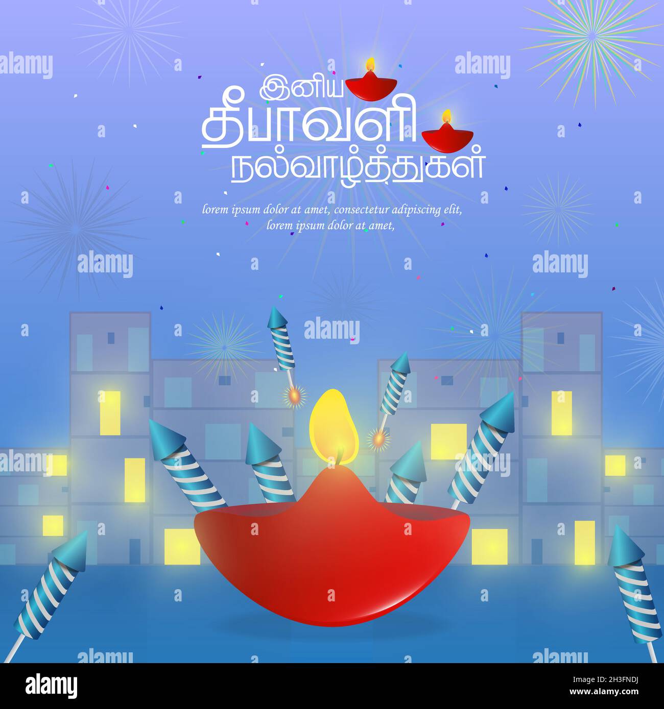 Vector illustration of Fireworks on Indian cityscape for Happy Diwali ...