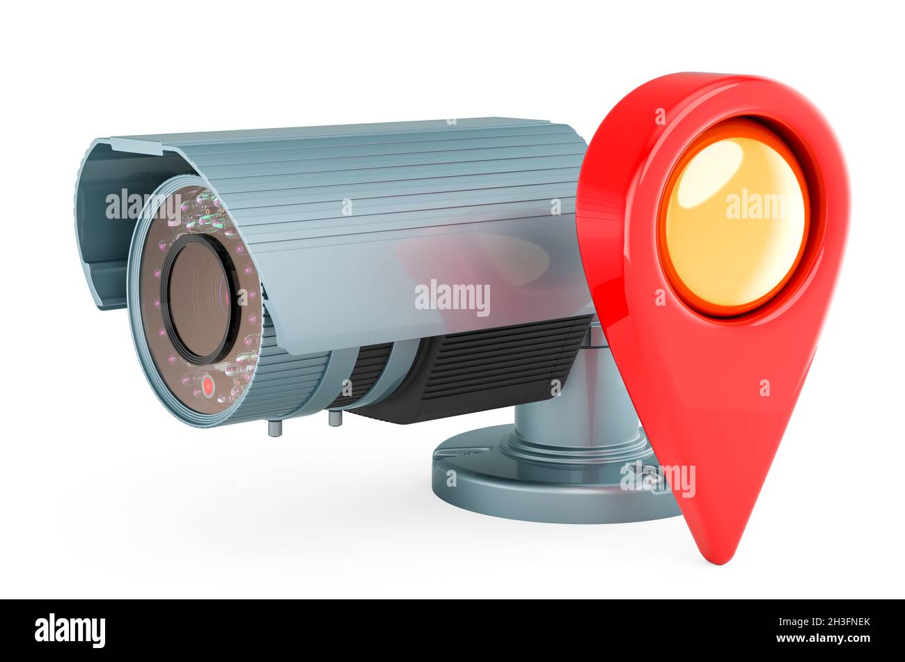 Security surveillance camera with map pointer. 3D rendering isolated on ...