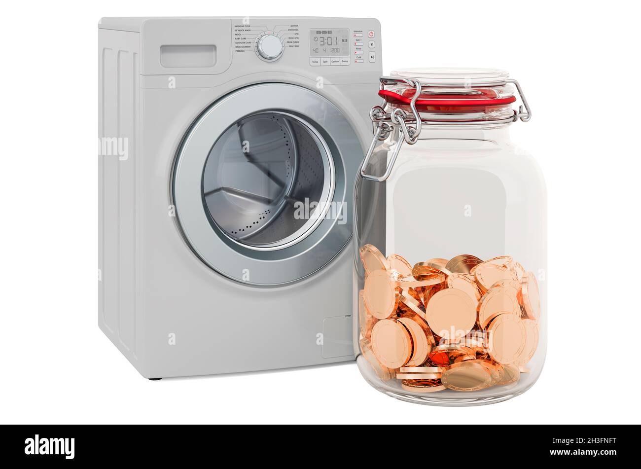 Washing machine with glass jar full of golden coins, 3D rendering ...