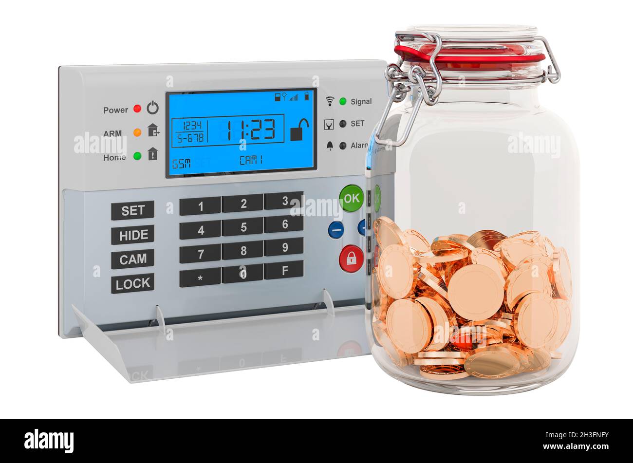Security alarm system with glass jar full of golden coins, 3D rendering ...