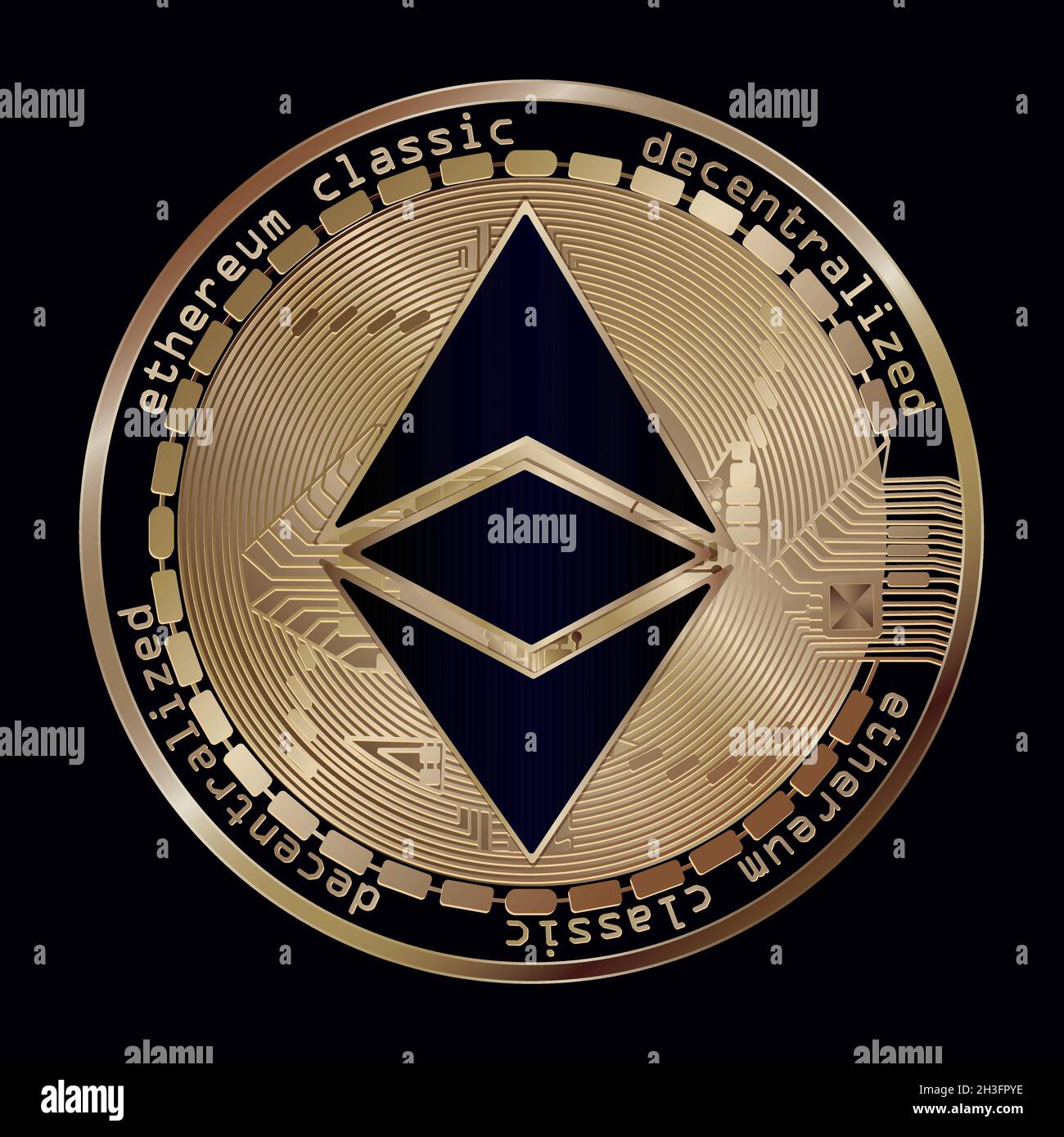 Vector drawing, golden Ethereum coin on black background Stock Vector ...
