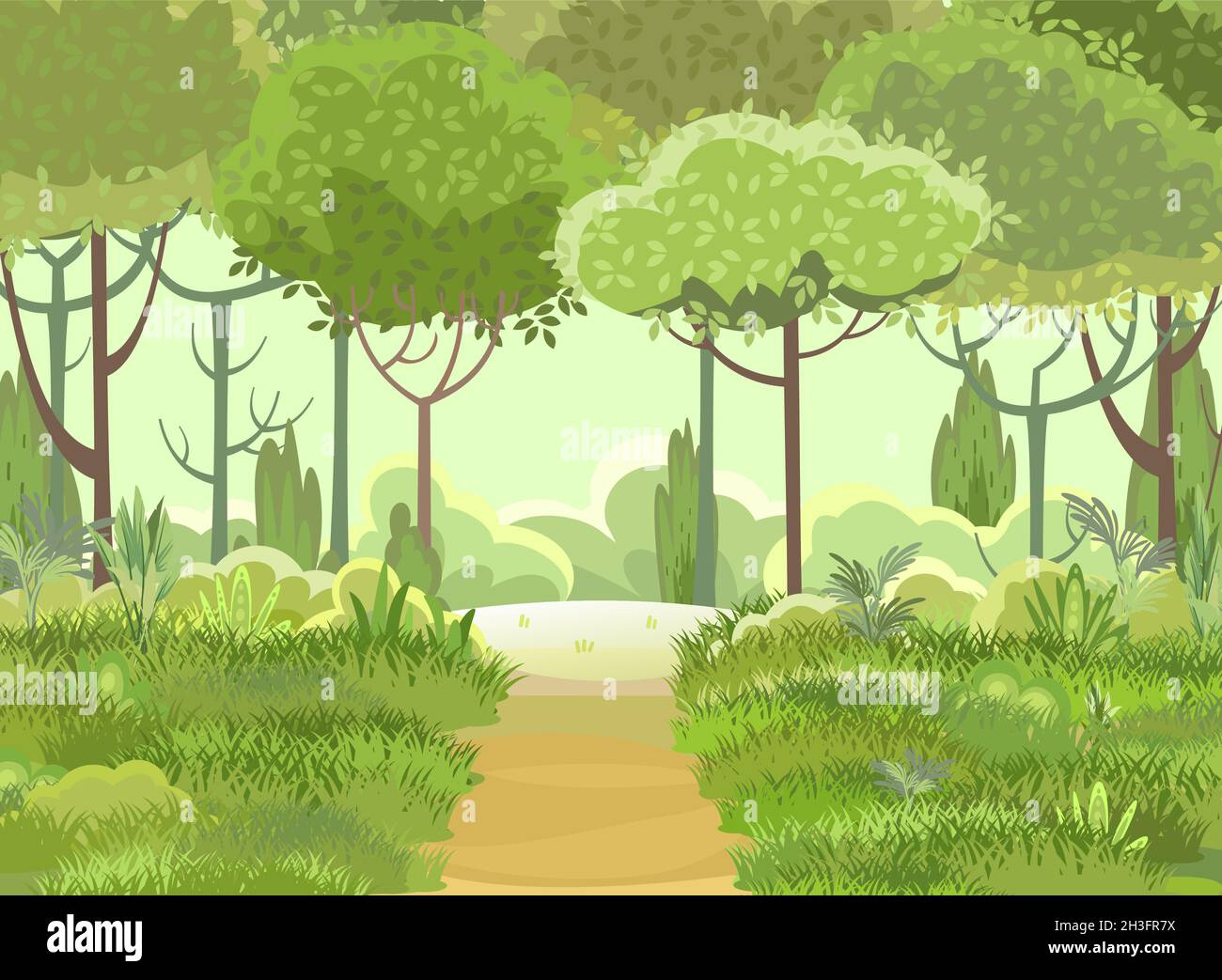Road. Amusing beautiful forest landscape. Distant horizon. Cartoon ...