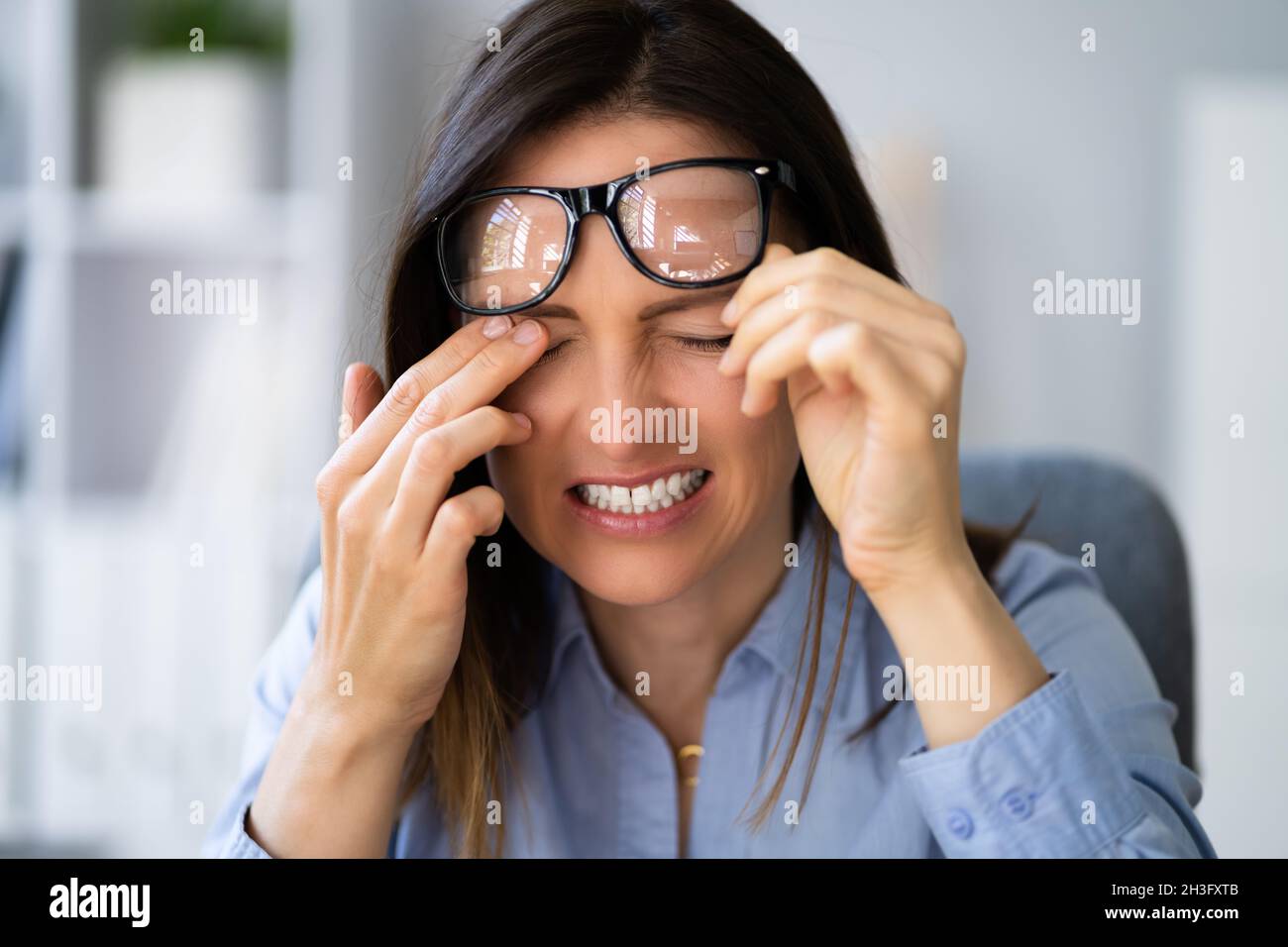 Eye Pain And Inflammation. Woman With Retina Fatigue And Spasm Stock ...