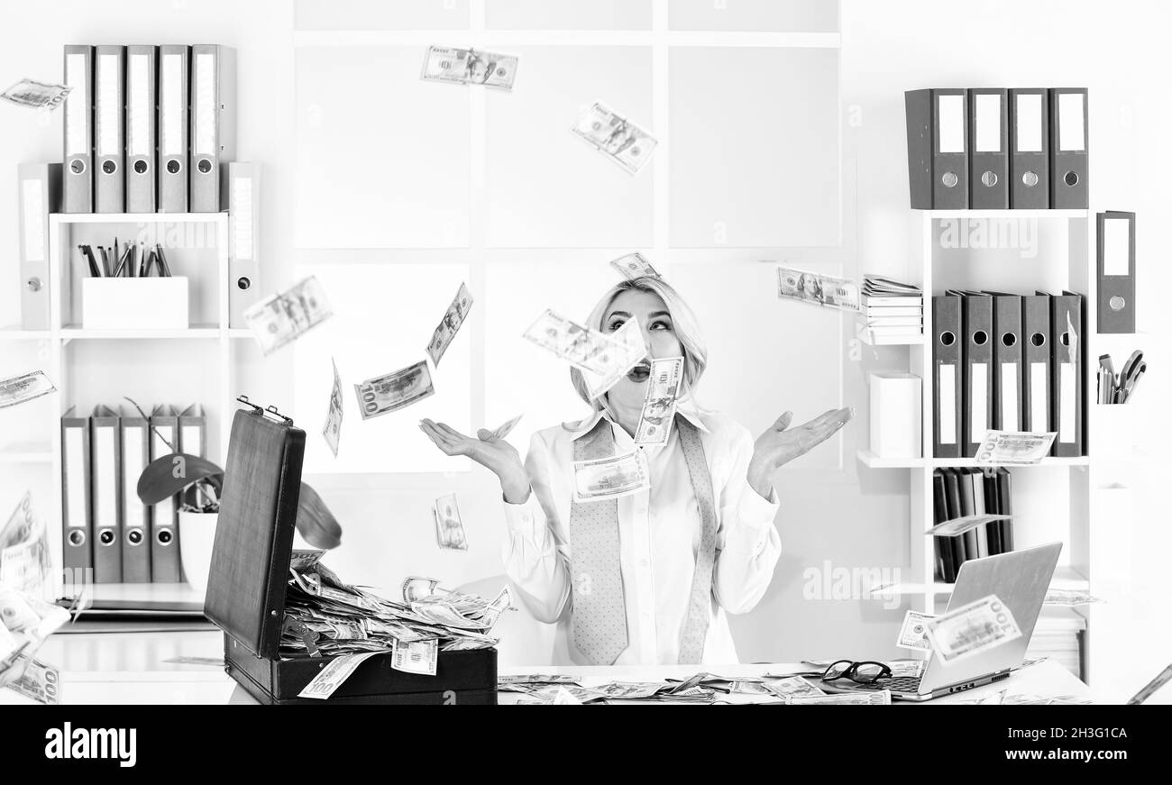 Easy credit. Accountant office. Financial success. Woman counting money ...