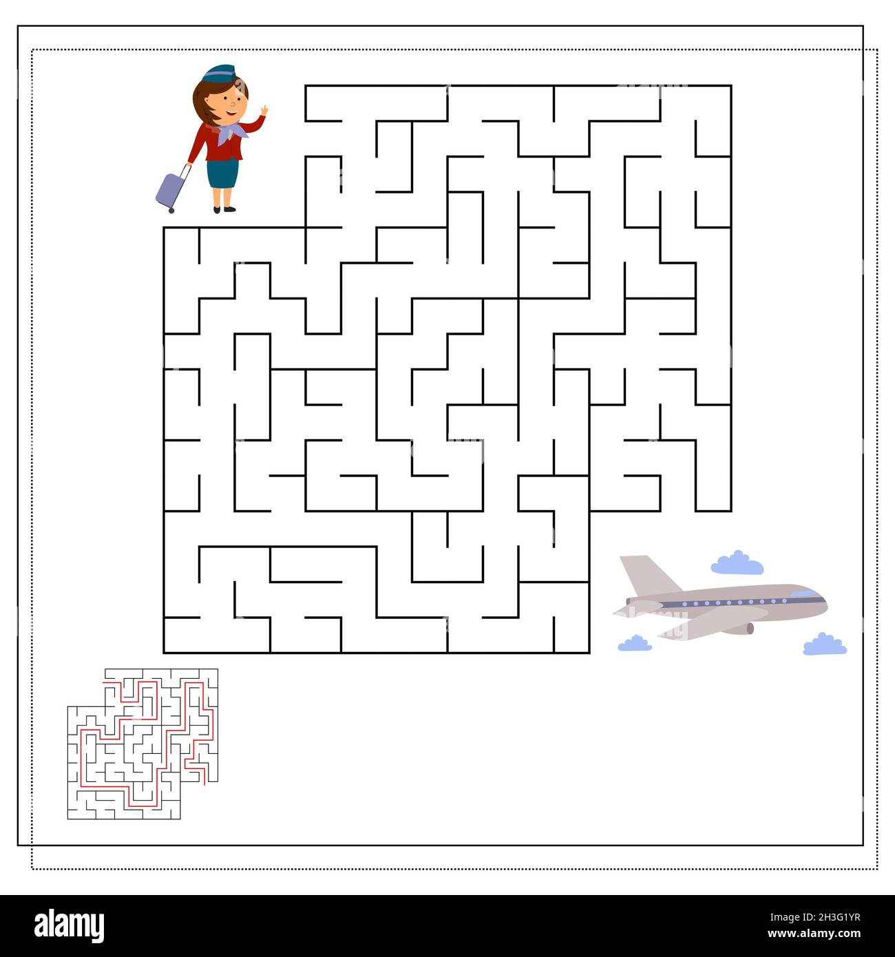 A logic game for children, go through a maze, a flight attendant and an ...