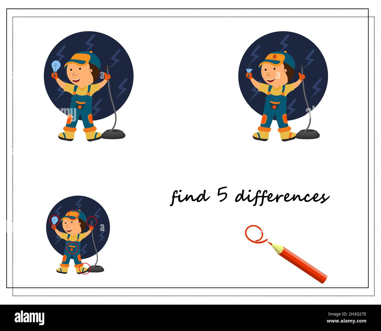 A logic game for kids find the differences, cartoon electrician. vector ...