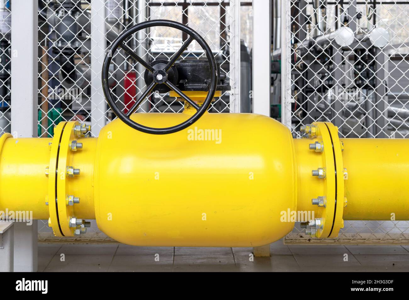 Gas shut-off valve at gas processing station. Valve on the gas boiler ...