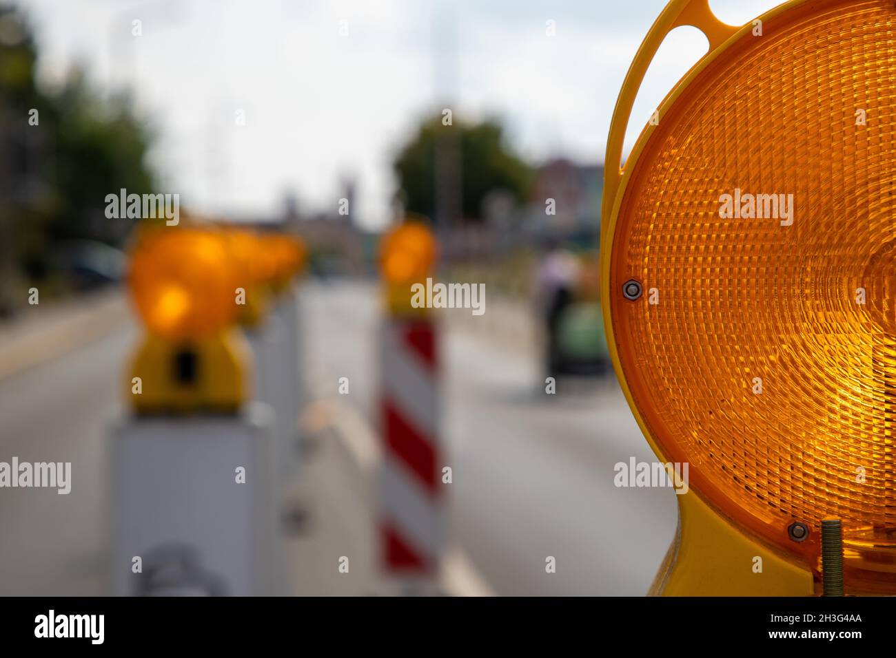 Street signs Construction city streets traffic light closeup right ...