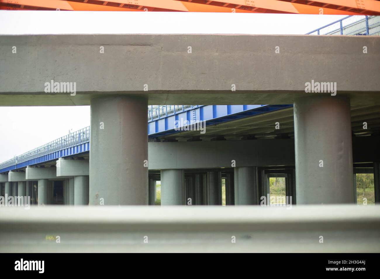 Bridge supports. Transport bridge over the highway. Industrial ...