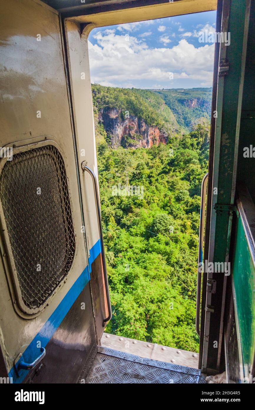View from a door of a train crossing Gokteik Gok Teik viaduct on the ...