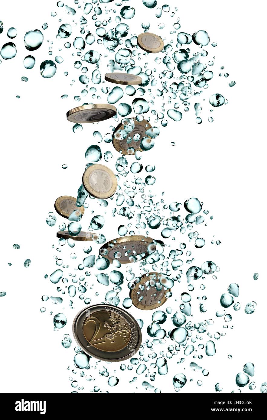 Money Laundering concept. Euro coins falling between water drops on ...