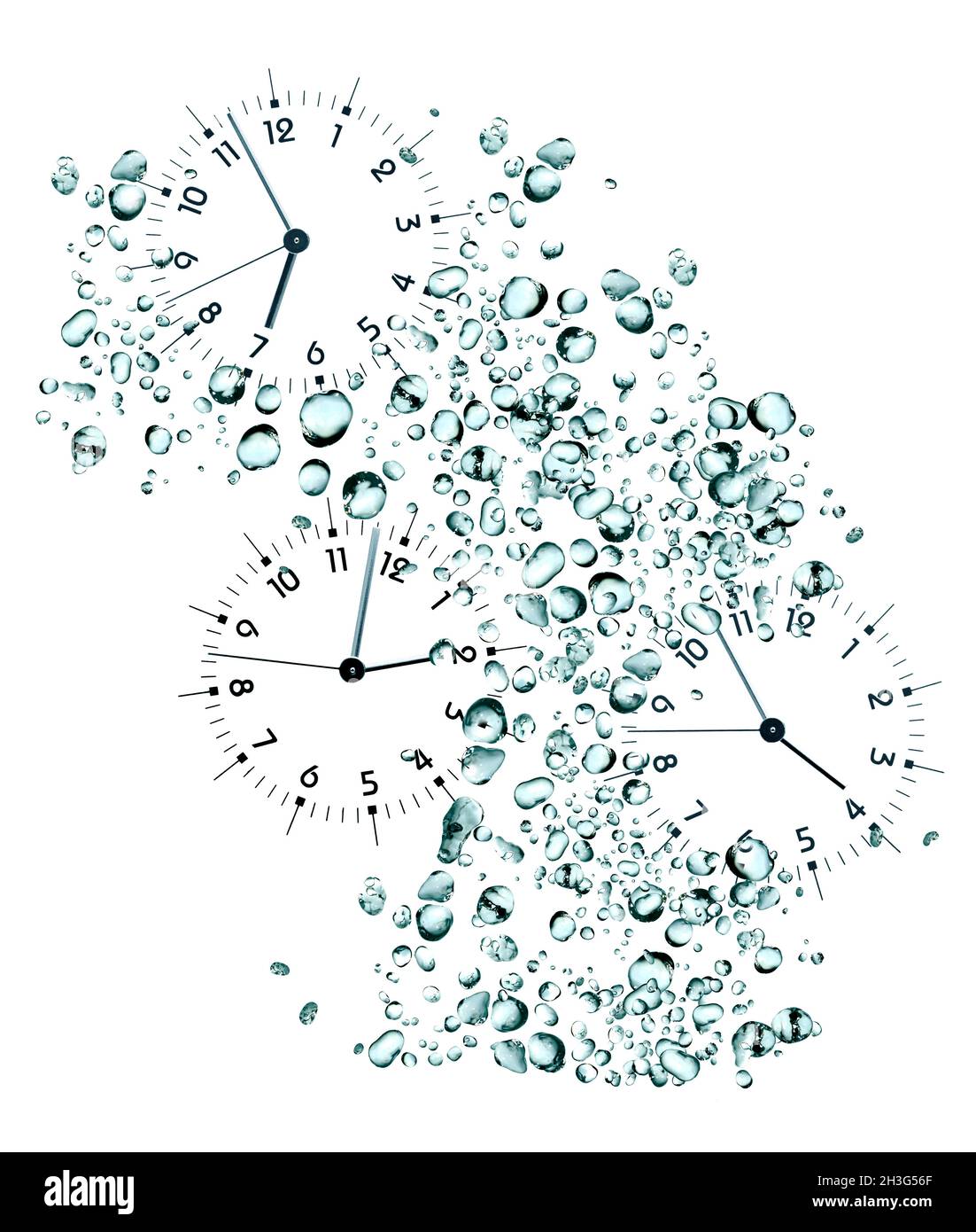 Time flowing concept. Clock faces on background with lot of water drops ...
