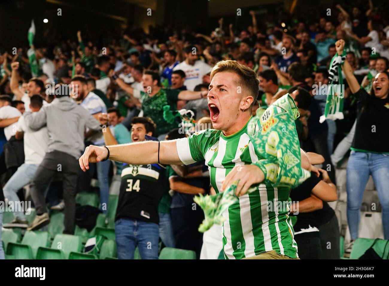 Seville, Spain. 27th Oct, 2021. Real Betis fans seen celebrating a goal ...