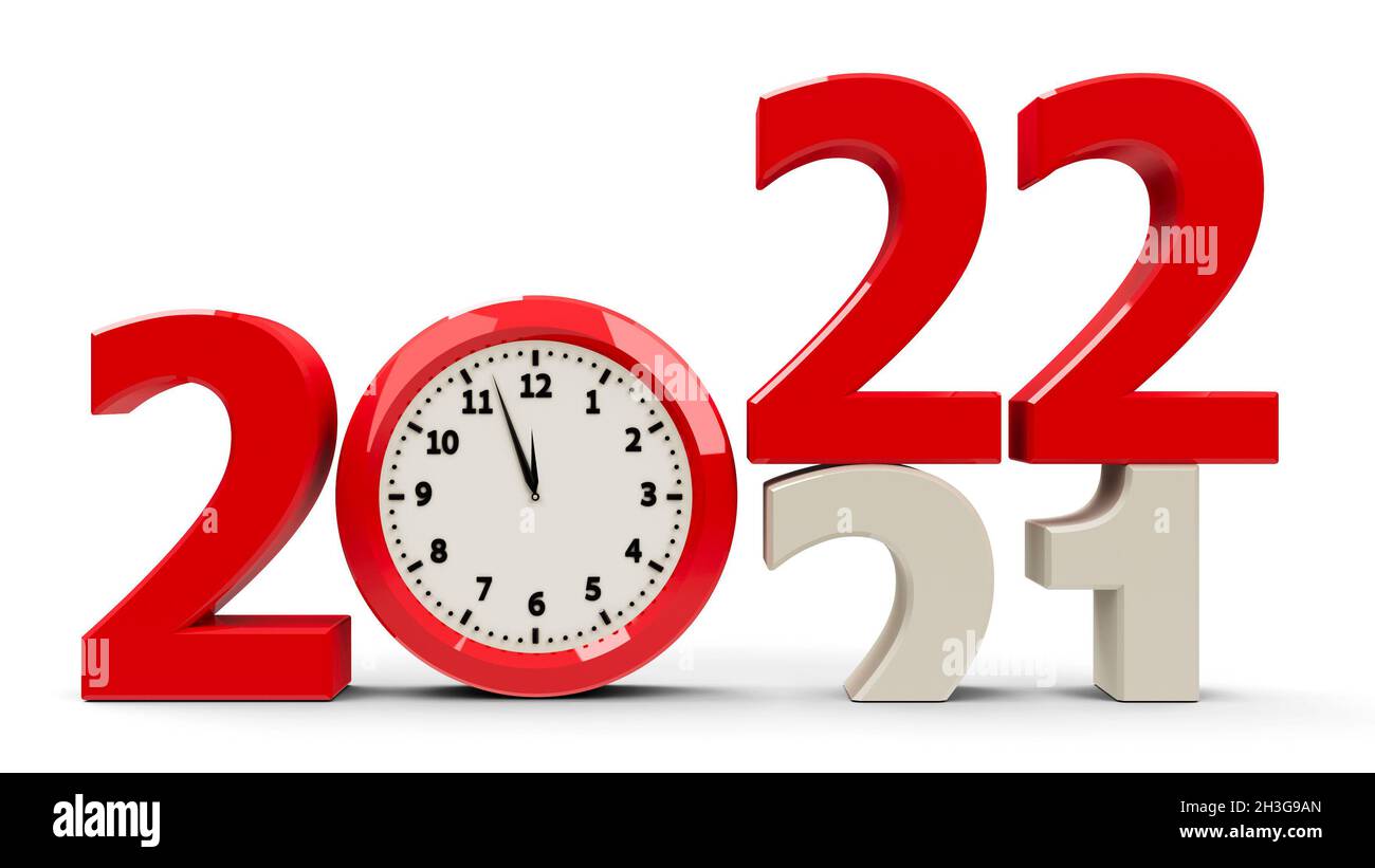 2021-2022 change with clock dial represents coming new year 2022, three ...