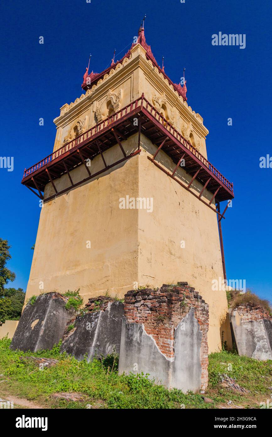 Watchtower in ancient town Inwa Ava near Mandalay, Myanmar Stock Photo ...