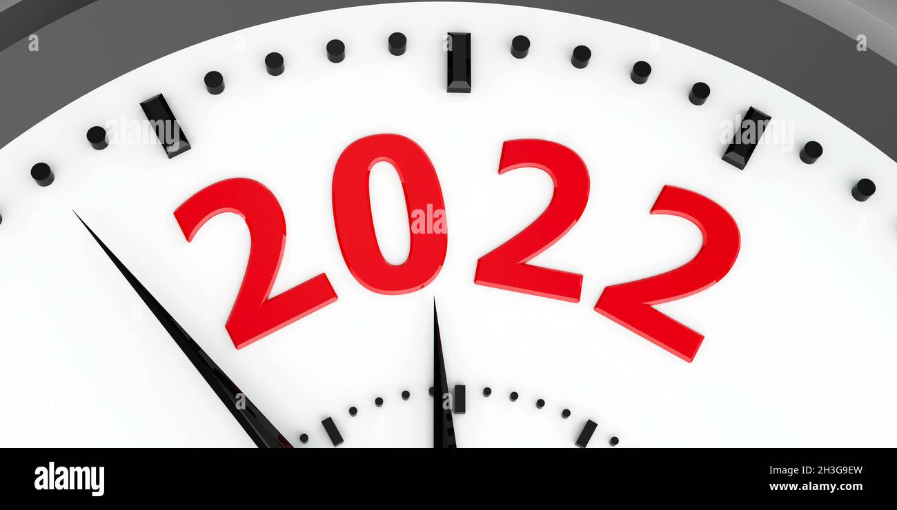 Black clock with 2022 represents coming new year 2022, three ...