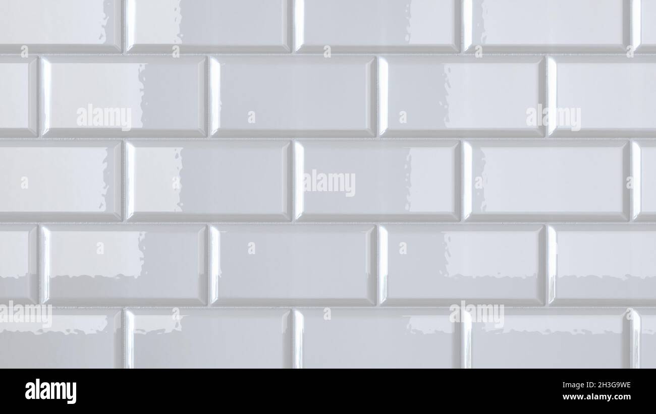 3d rendering of beveled running bond white glossy ceramic tiles Stock ...