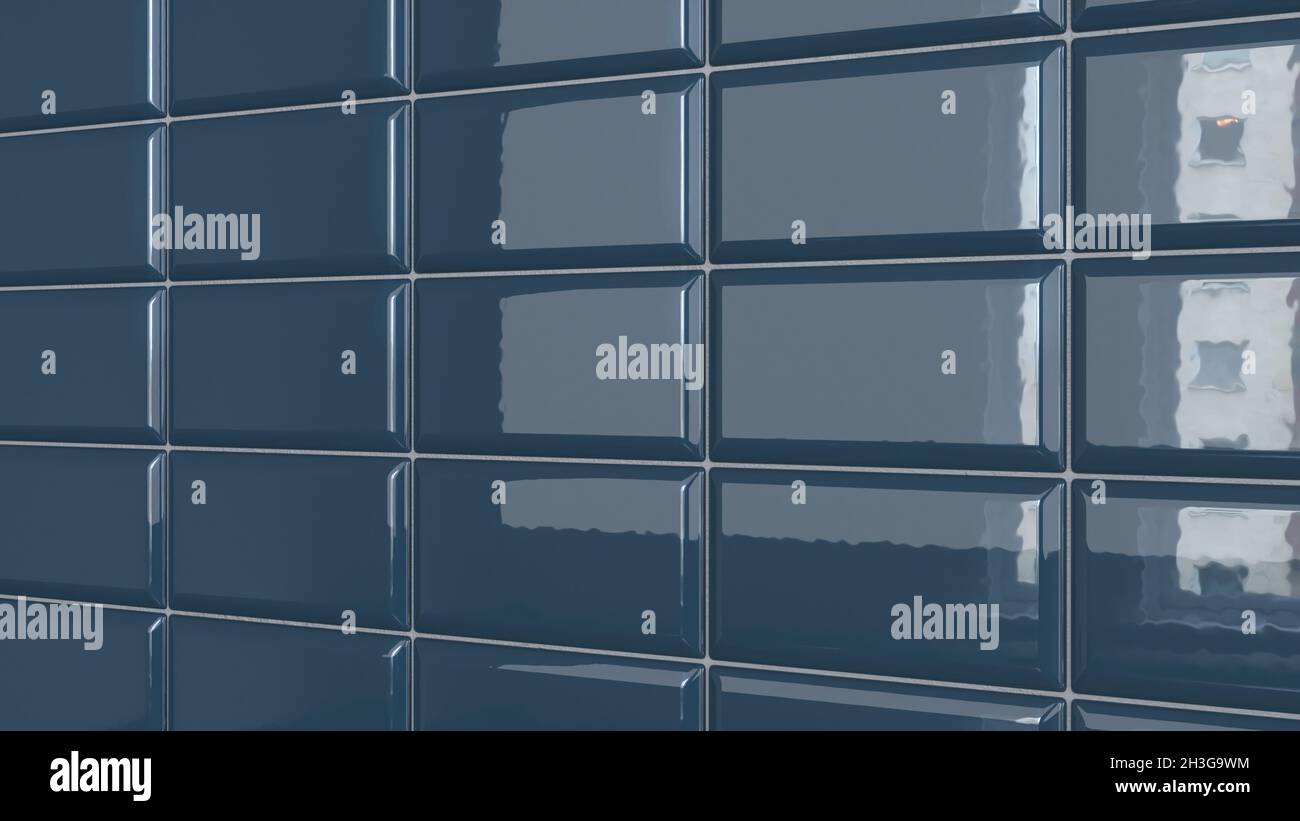 3d rendering of beveled stack bond blue glossy ceramic tiles Stock ...