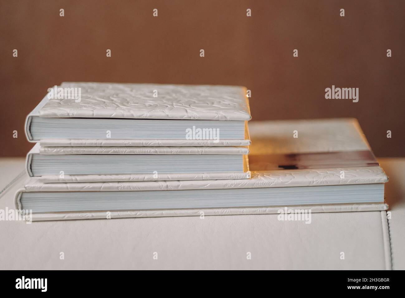 Composition of photo books in natural white leather of different sizes ...