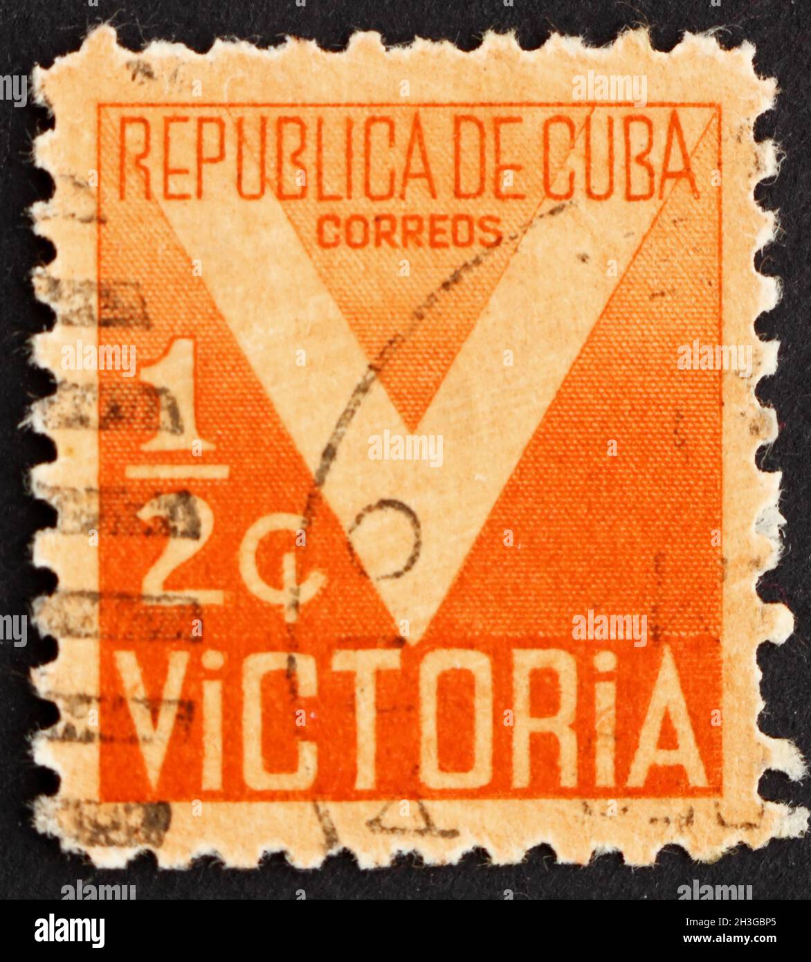 CUBA - CIRCA 1942: a stamp printed in Cuba shows letter V for victory ...