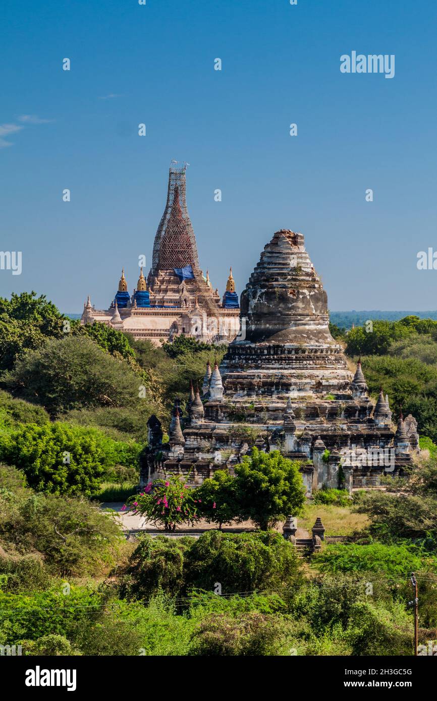 View of a stupa and Ananda temple from Thatbyinnyu temple, Bagan ...