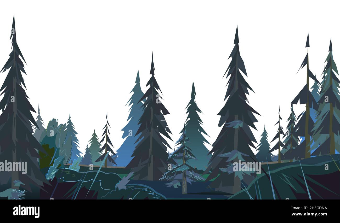 Night landscape with coniferous trees. Illustration in cartoon style ...