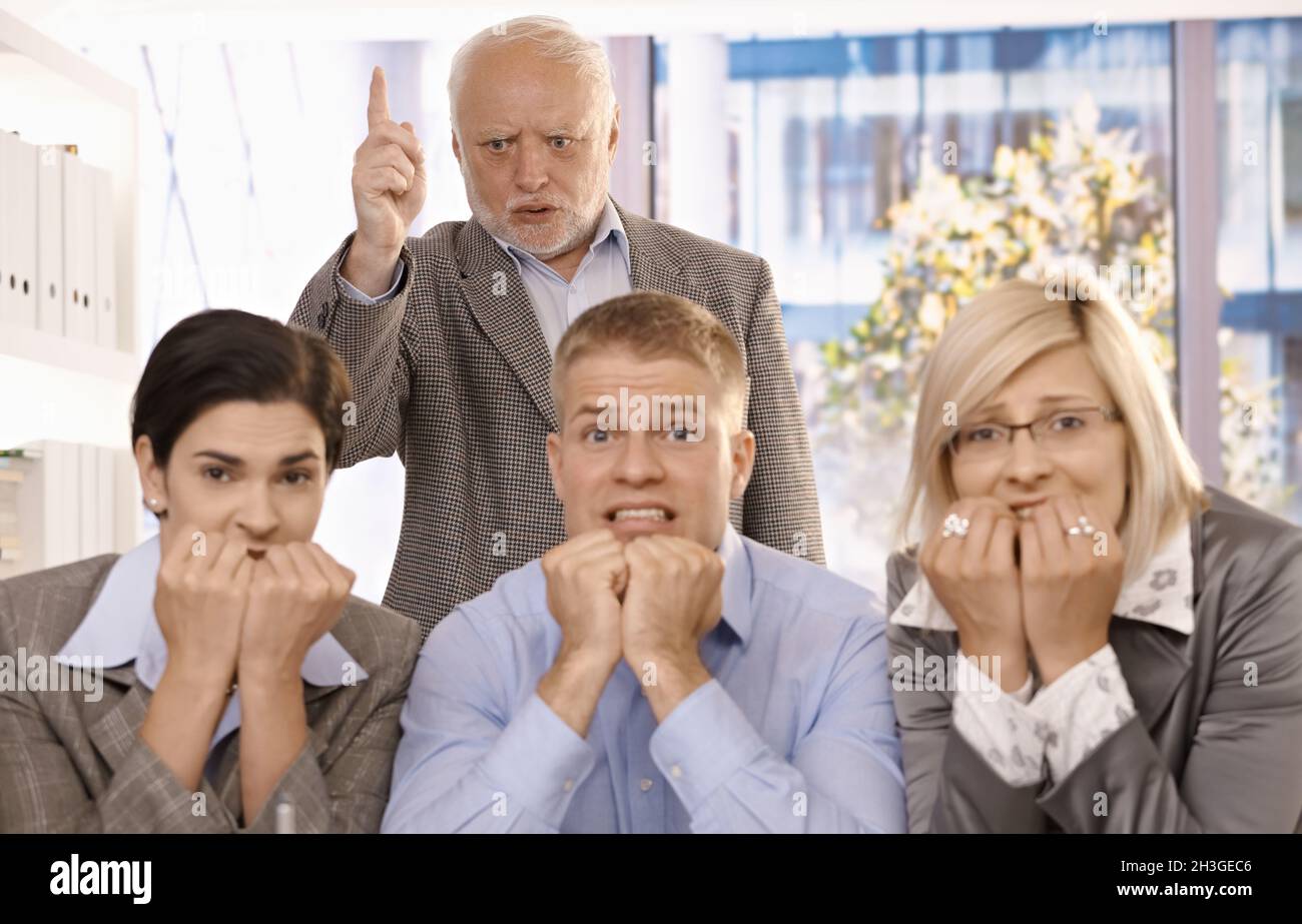 Angry boss shouting at scared employees Stock Photo - Alamy