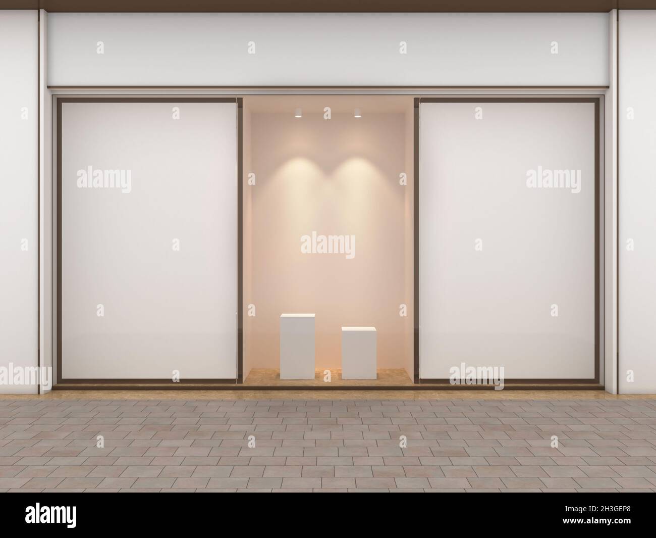 3d Rendering of an empty store window with two white platforms and ...