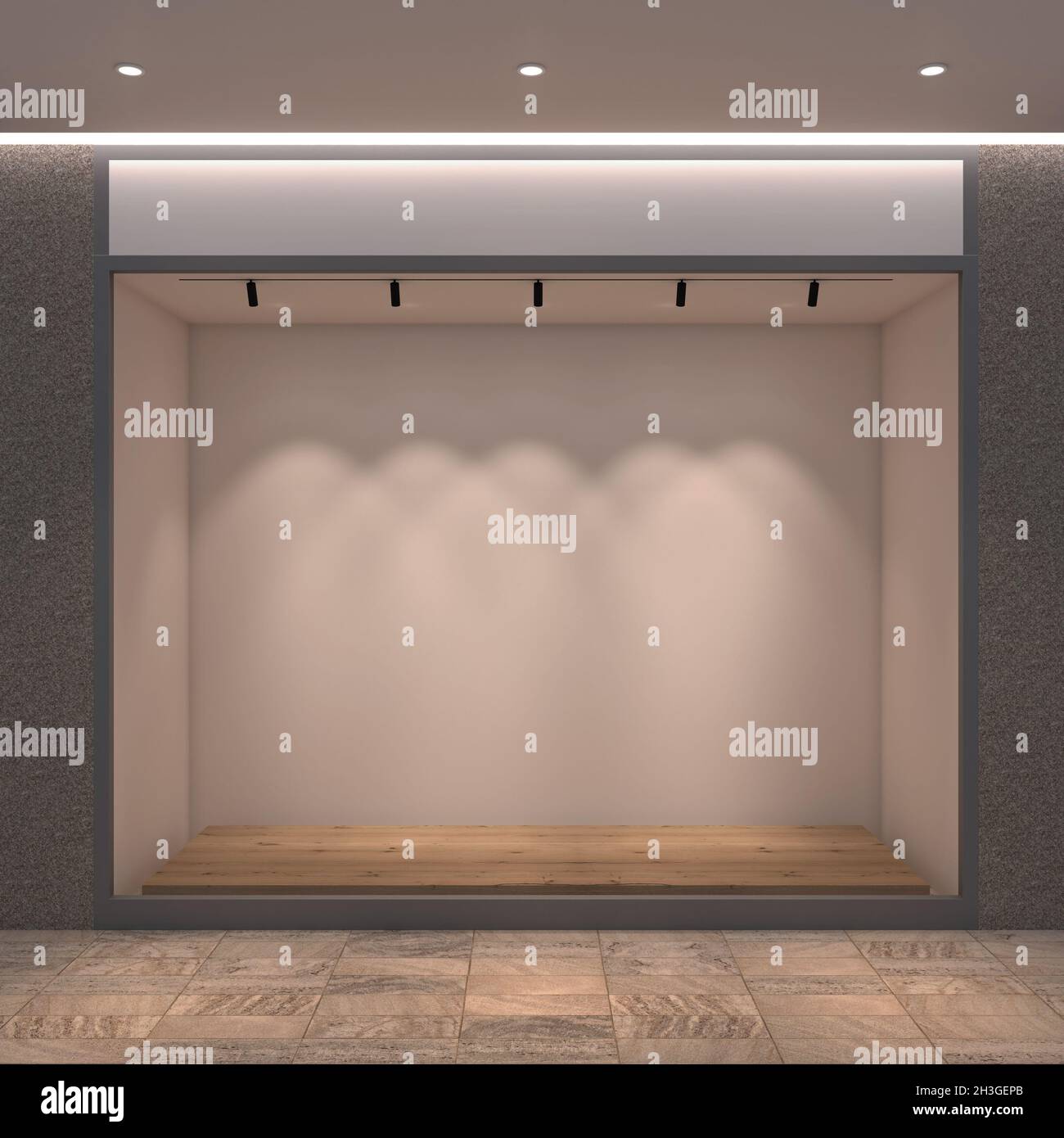 3d Rendering of an empty store window with wooden platform and ...