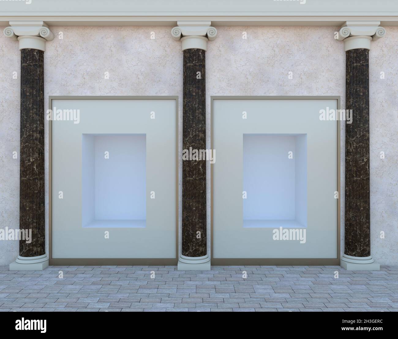 3d Rendering of a store window with neoclassical architecture context ...