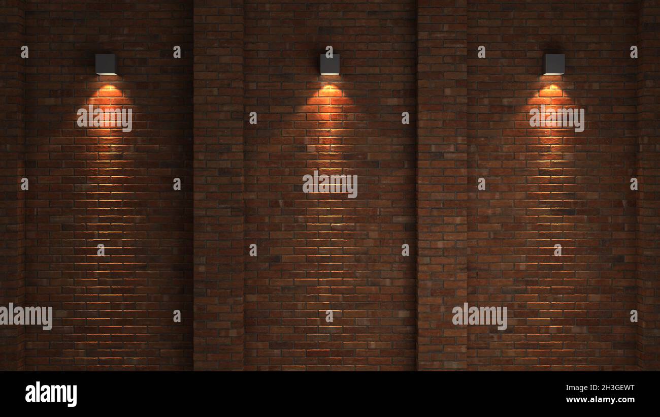 3d rendering of a brick wall with decorative lighting Stock Photo - Alamy