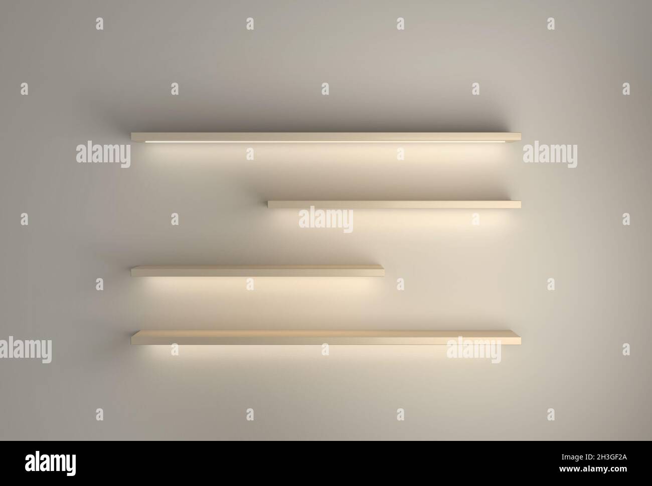 3d rendering of 4 minimalist shelves on white wall with led lights ...