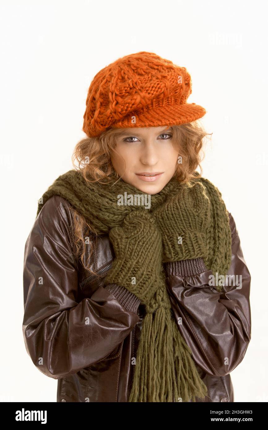 Pretty young female dressed up warm Stock Photo - Alamy