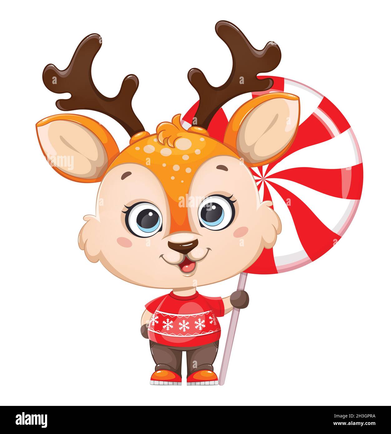 Cute baby deer holding a giant candy. Cheerful little reindeer cartoon ...