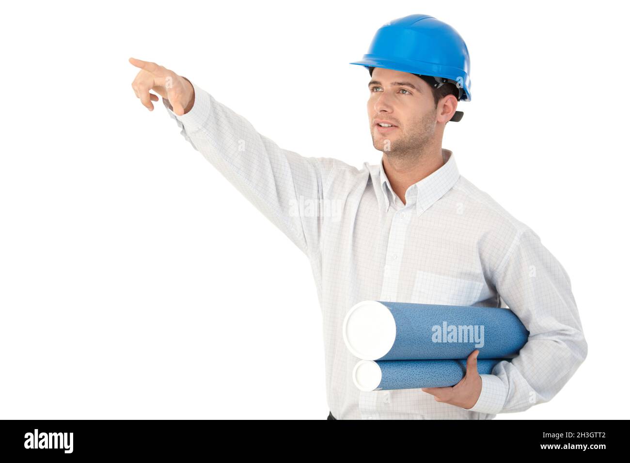 Young architect pointing to distance Stock Photo - Alamy